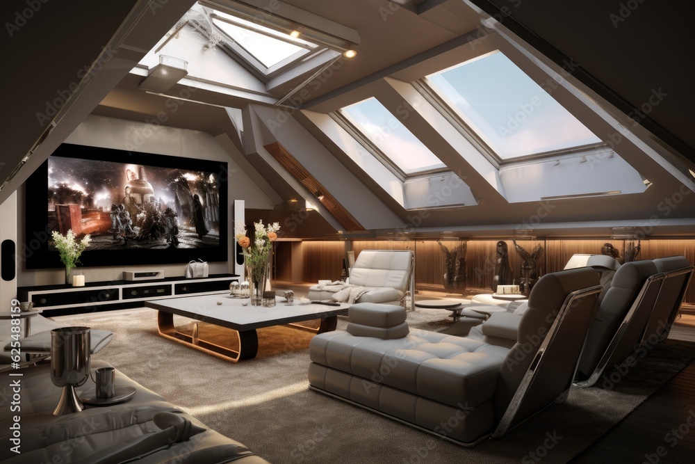 The interior of a contemporary home theater room is showcased in an ...