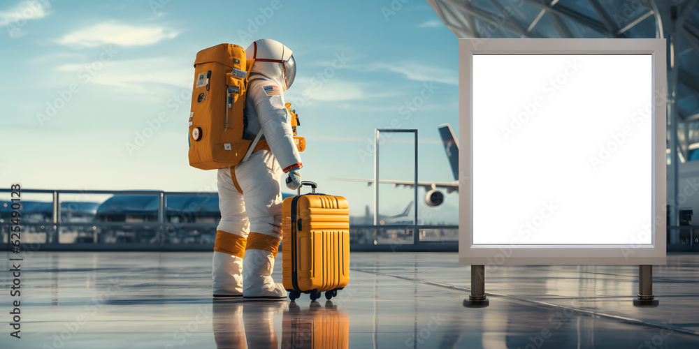 Astronaut with travel suitcase near blank advertising billboard at ...