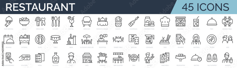 Set of 45 outline icons related to restaurant, cafe, bistro. Linear ...