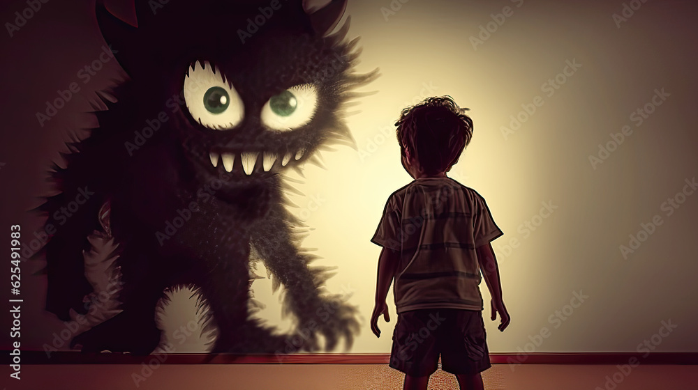 Little boy is facing his nightmares and imaginary monster on the wall ...