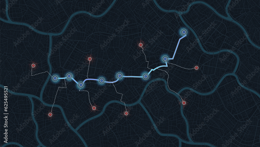 GPS navigator screen with street roads and location, destination points ...