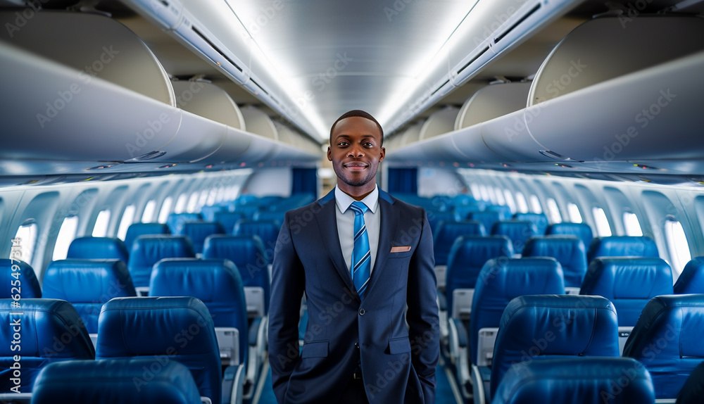 Smiling African male flight attendant portrait standing in plane. Dark ...