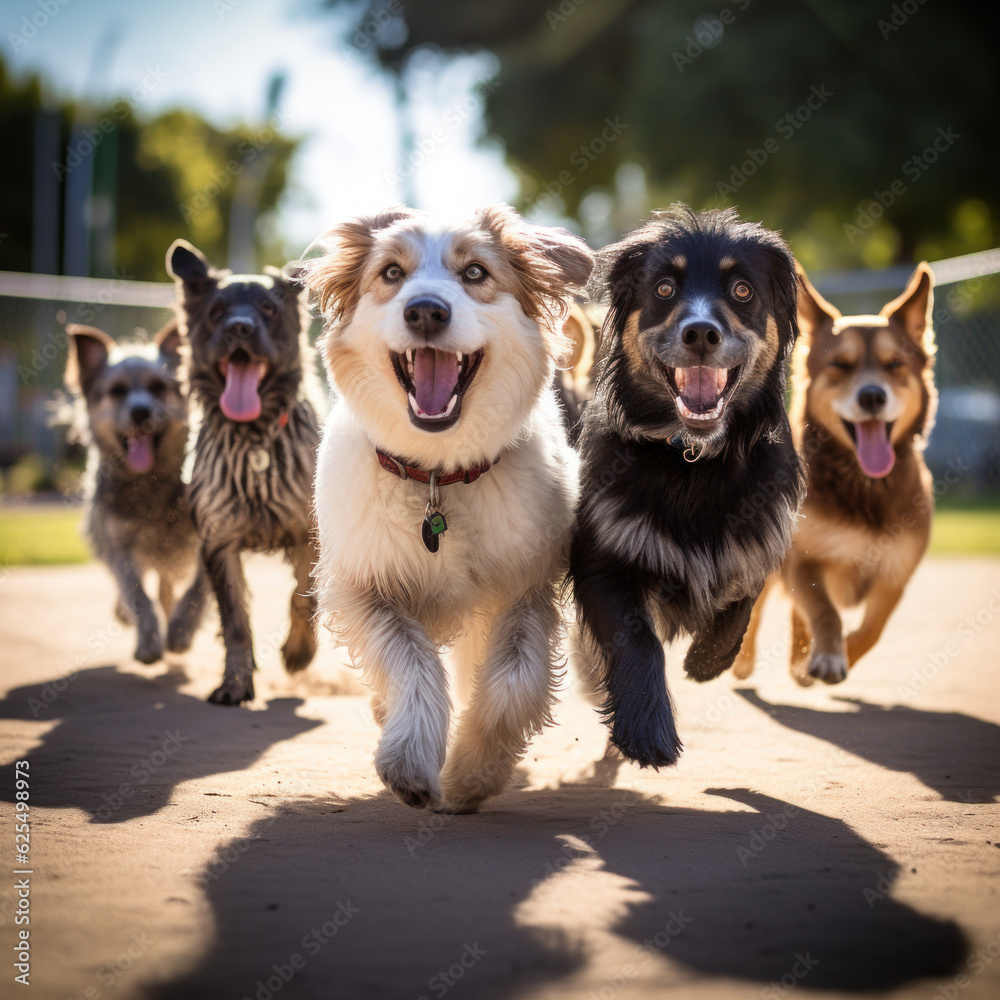 Group of dogs of different breeds and sizes frolicking in a vibrant dog park, with tails wagging ...