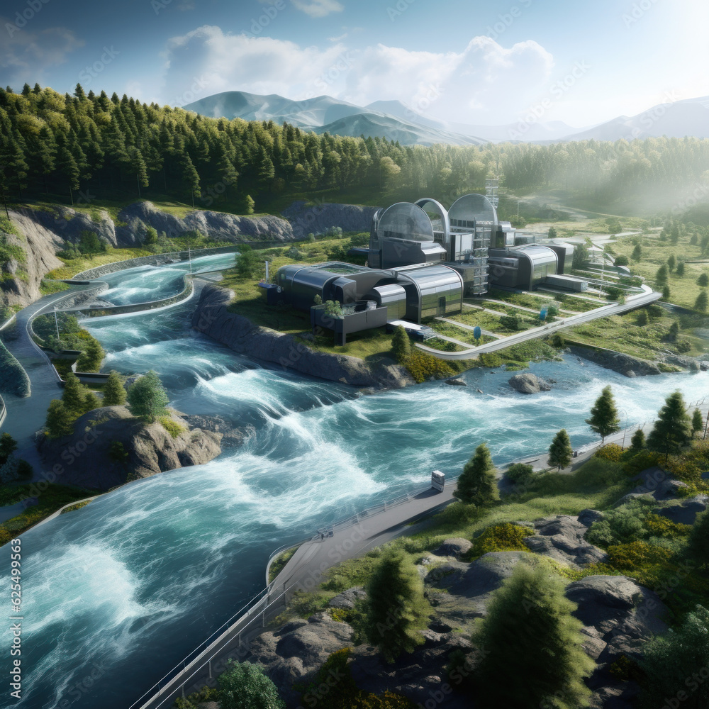 River hydroelectric power plant, with turbines harnessing the natural ...