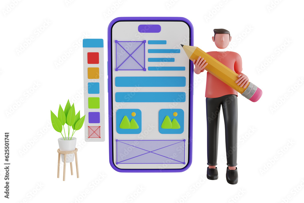 UX UI design concept with character and text place. man creates a ...