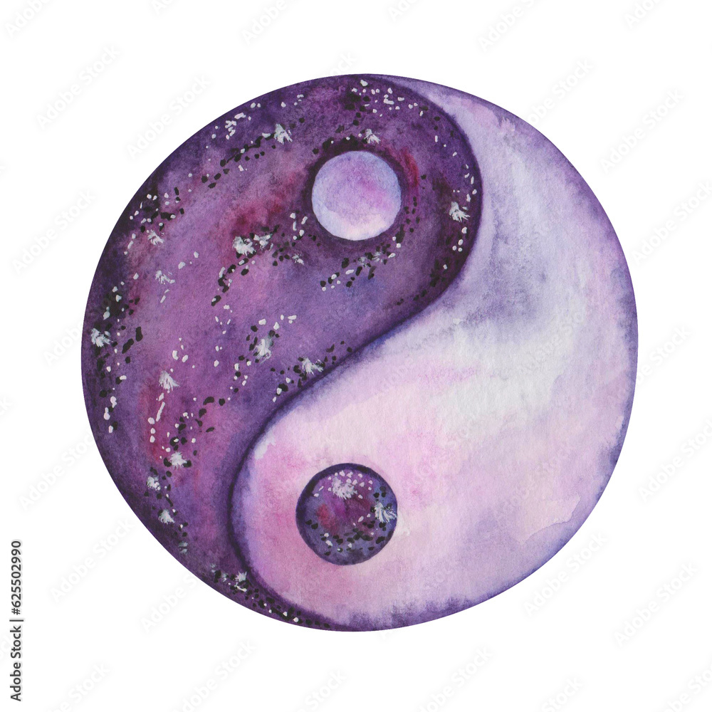 Watercolor illustration. Hand painted yin-yang symbol in circle in ...