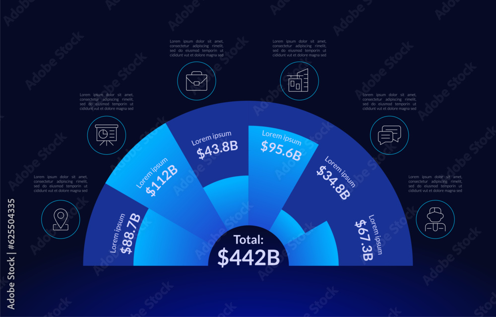 Corporate budgeting semicircle infographic design template for dark ...