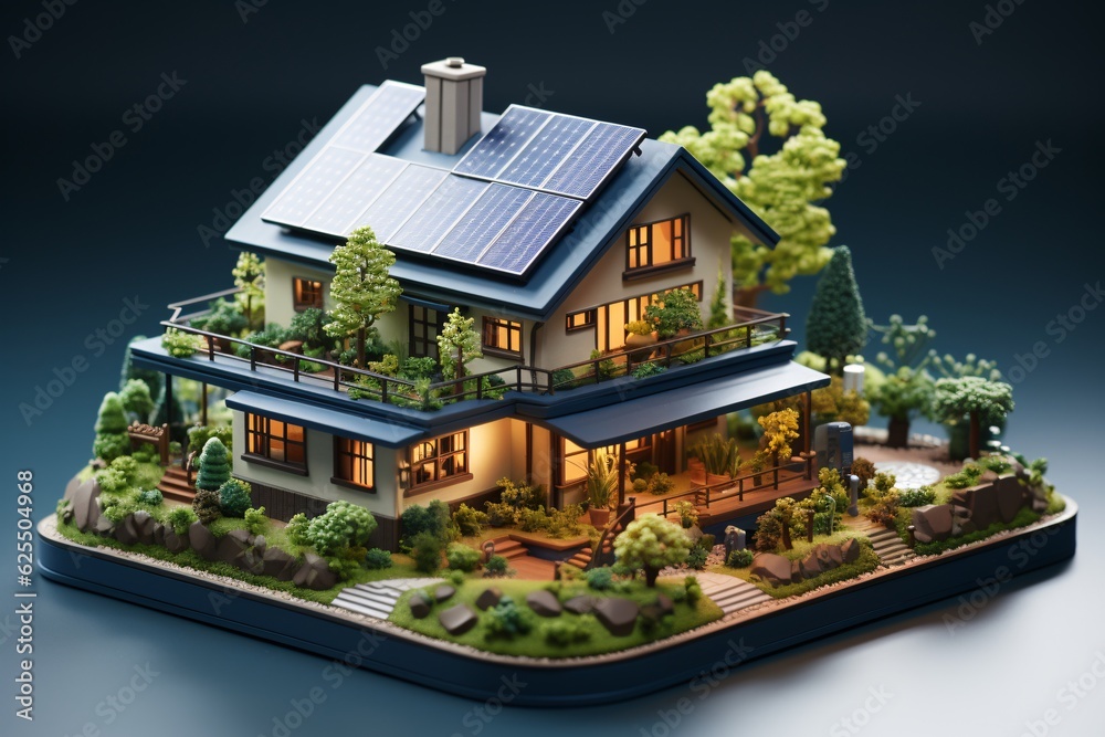 3d model, layout of an eco-friendly, energy-efficient house. Energy ...