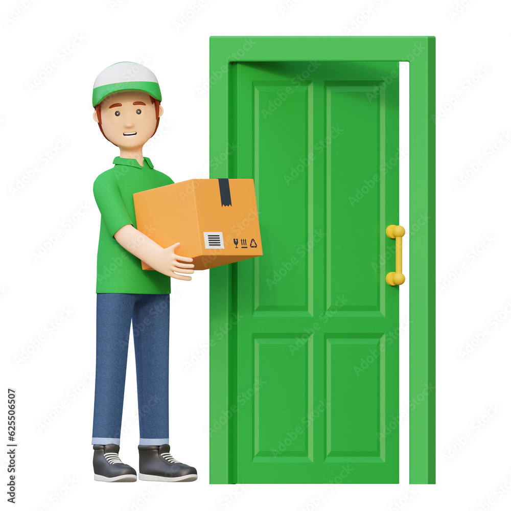 courier delivery man sending package box in front of door 3d cartoon ...