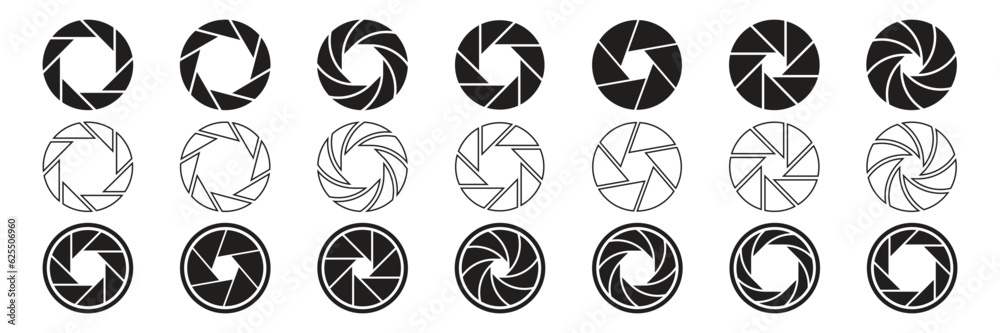 Camera shutter icons set. Camera lens diaphragm. Lens aperture, photo ...