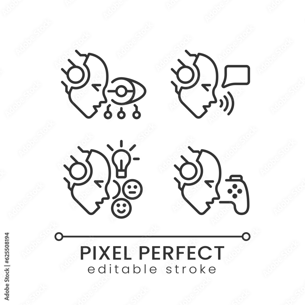 Artificial intelligence benefits pixel perfect linear icons set. AI advantages. Deep learning ...