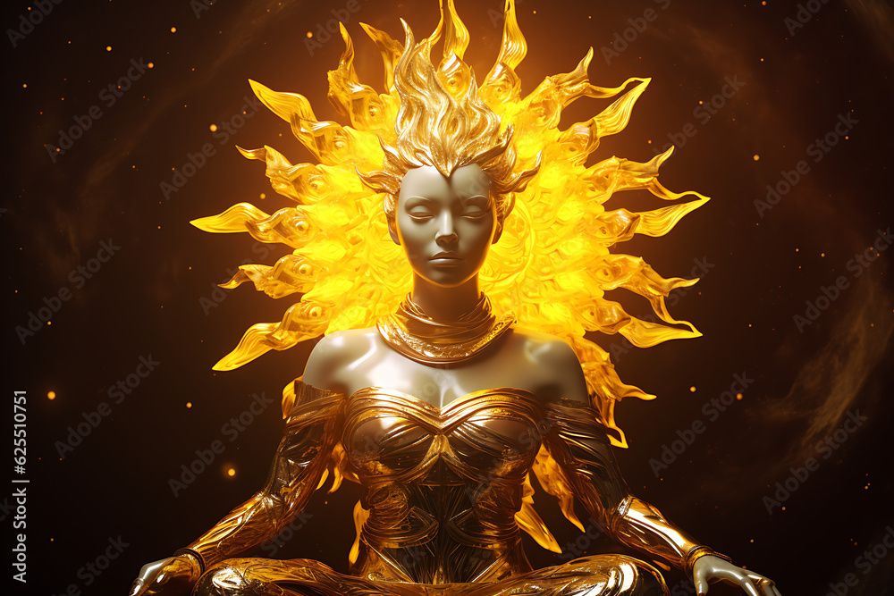 Solar plexus chakra concept, Statue in solar plexus having golden sun ...
