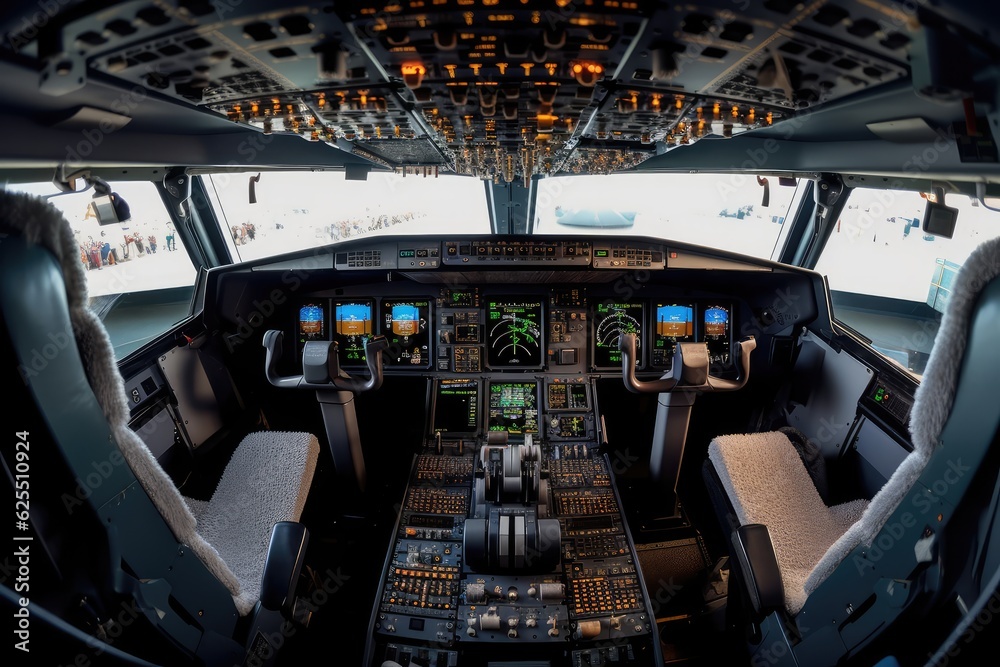 Inside cockpit on ground at an airport, AI generated illustration Stock ...