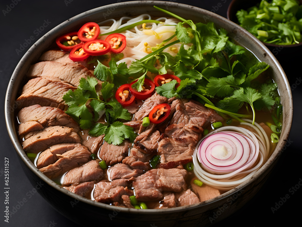 Pho Noodles Menu. Vietnamese noodle bowl with beef, Top view pho ...
