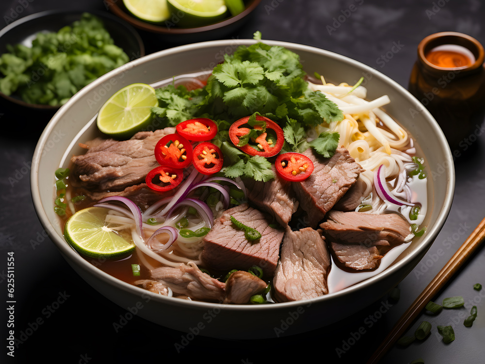 Pho Noodles Menu. Vietnamese noodle bowl with beef, Top view pho ...