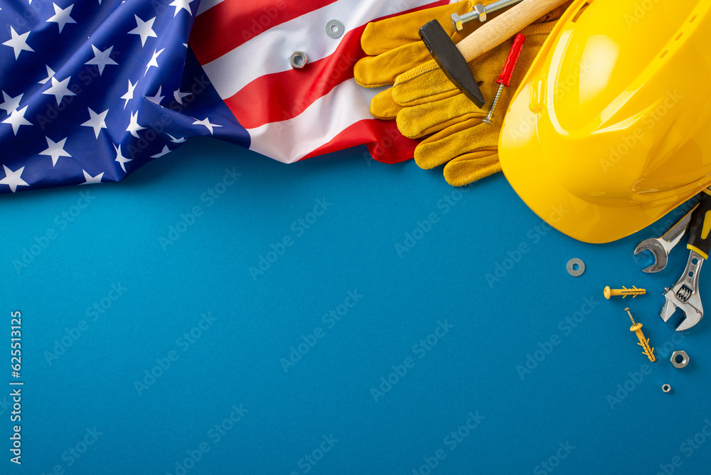 Labor Day industrial concept. Top view of USA flag, worker's tools ...