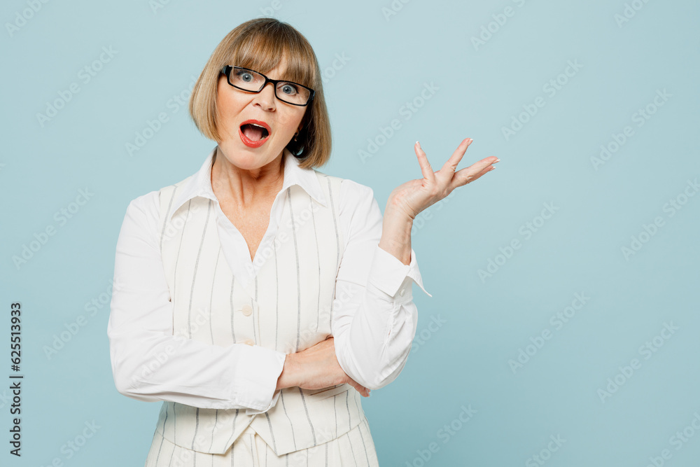 Blonde shocked questioned sad employee business woman 50s wear white ...