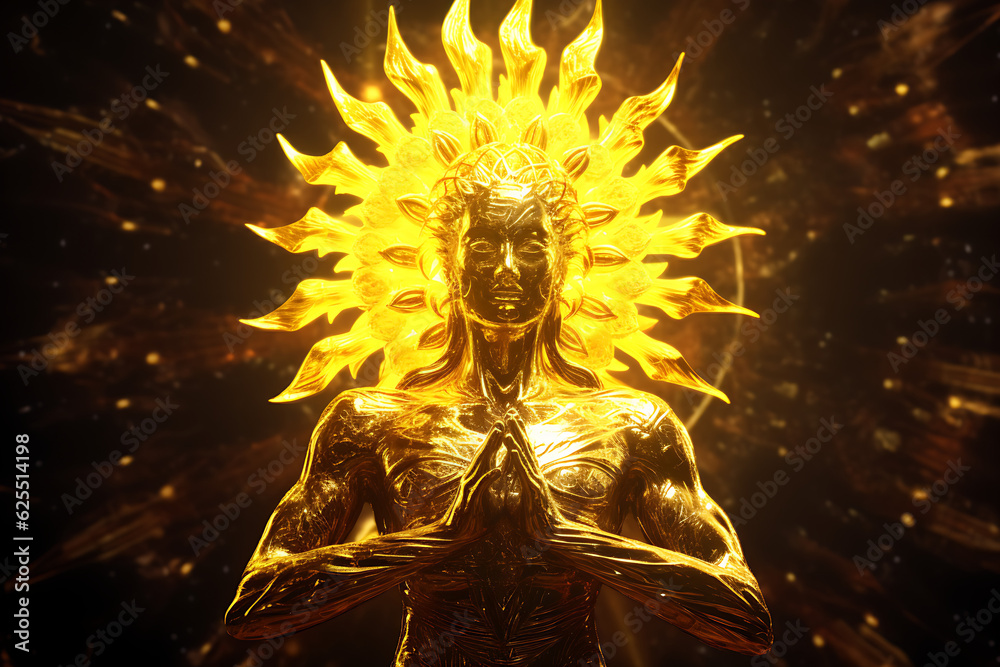 Man statue in Solar plexus chakra with bright golden solar aura in the ...