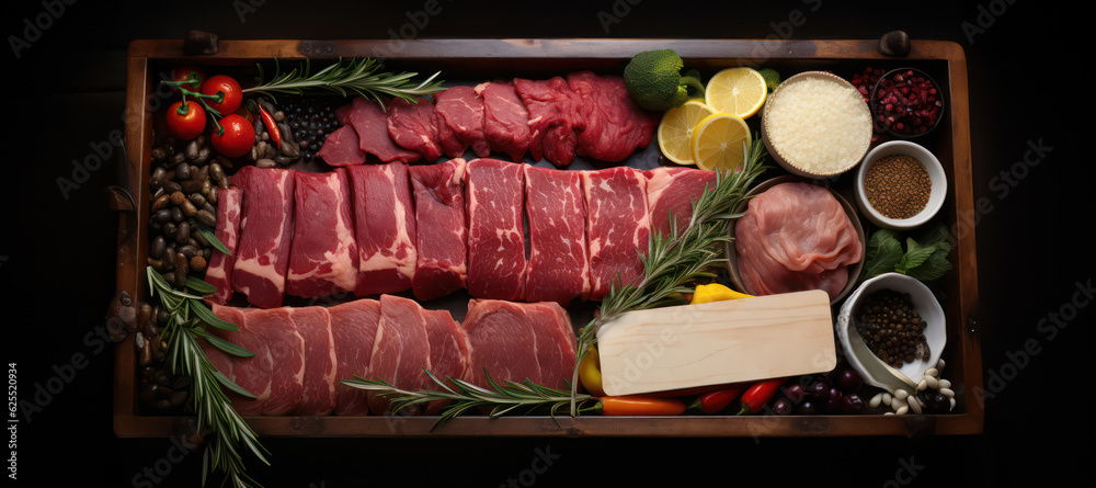 meat cuts selection displayed in wooden ray at a butcher shop or a ...