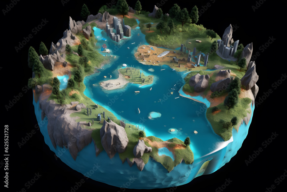 A 3D rendering of a miniature Planet Earth with lush green forests ...