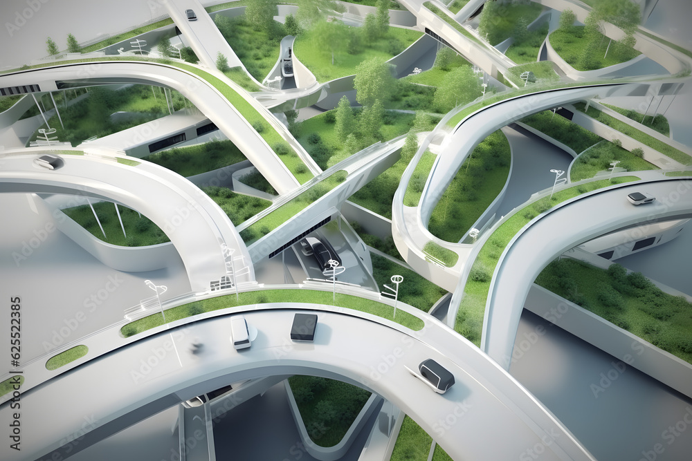 Abstract 3D render of a futuristic eco transportation hub with ...