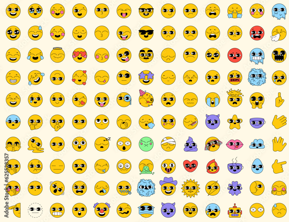 Vetor de Big set of emoticons with 130 symbols. Vector pack in line art ...