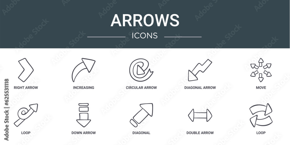 set of 10 outline web arrows icons such as right arrow, increasing ...