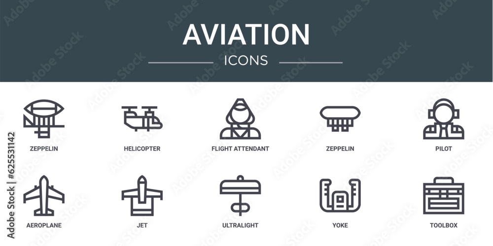 set of 10 outline web aviation icons such as zeppelin, helicopter ...