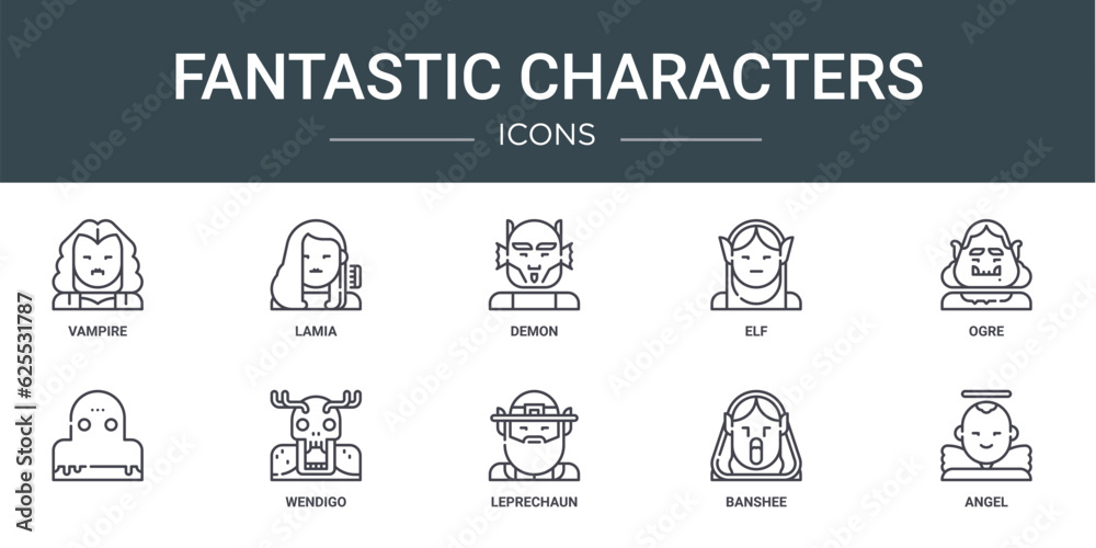 set of 10 outline web fantastic characters icons such as vampire, lamia ...