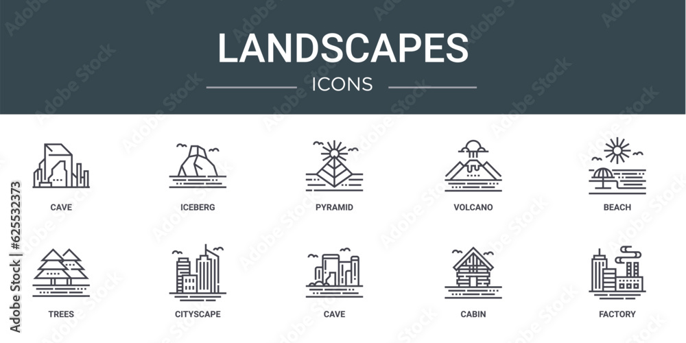 set of 10 outline web landscapes icons such as cave, iceberg, pyramid ...
