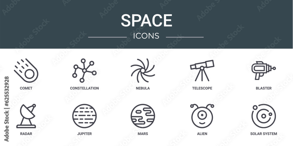 Vetor de set of 10 outline web space icons such as comet, constellation ...