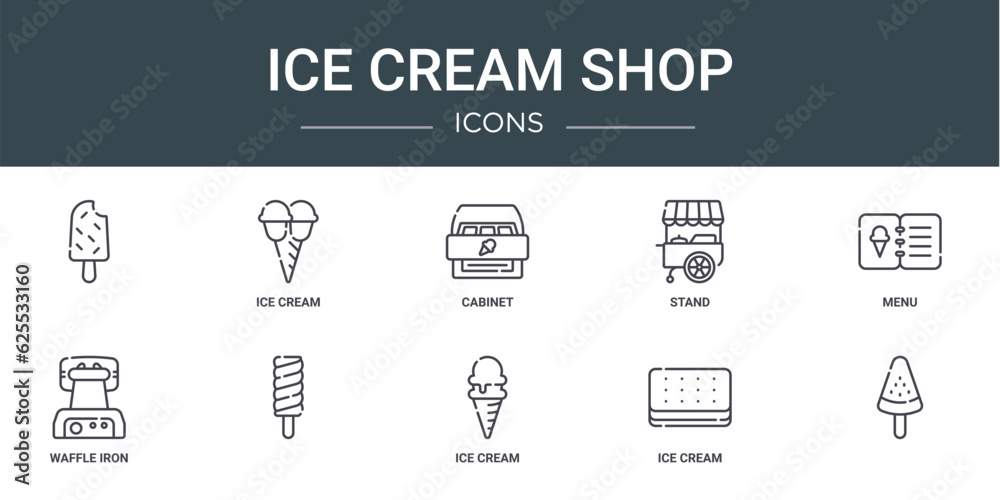 set of 10 outline web ice cream shop icons such as , ice cream, cabinet ...