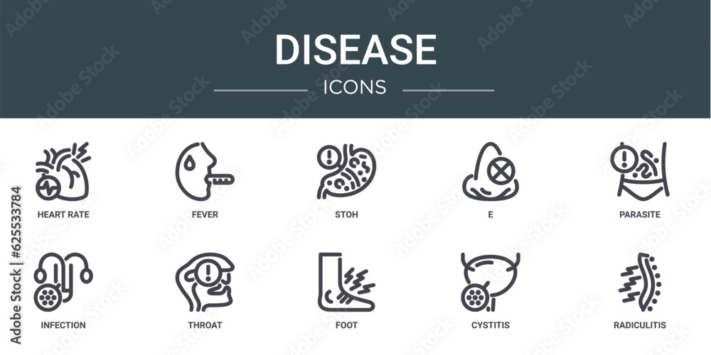 set of 10 outline web disease icons such as heart rate, fever, stoh, e ...