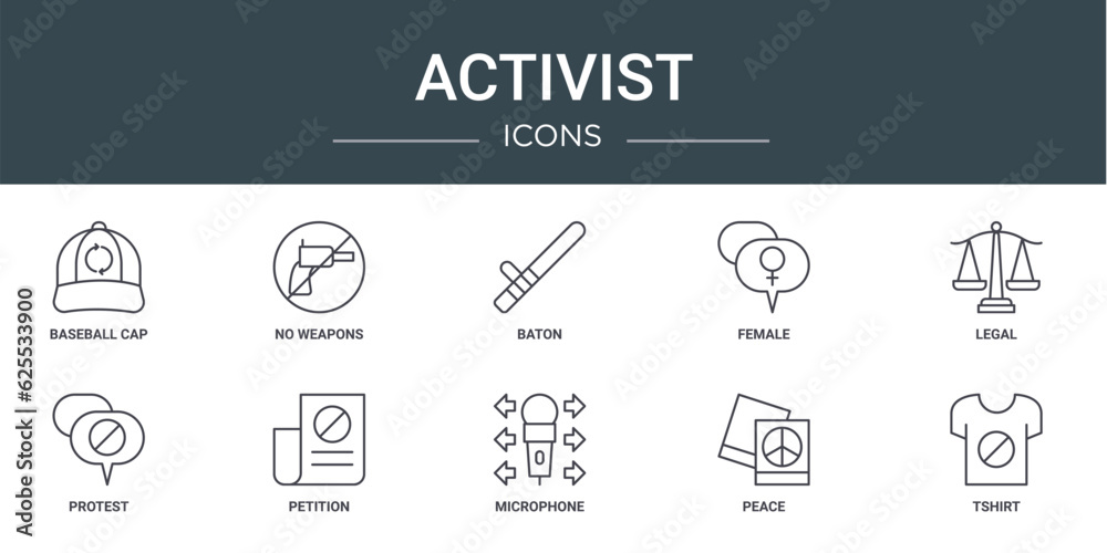 set of 10 outline web activist icons such as baseball cap, no weapons ...