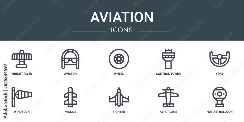 set of 10 outline web aviation icons such as wright flyer, aviator ...