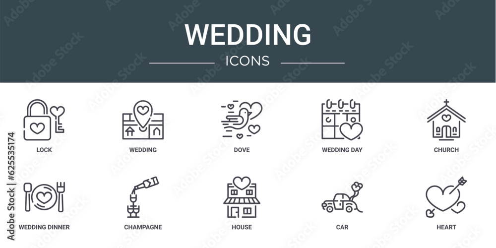set of 10 outline web wedding icons such as lock, wedding, dove ...