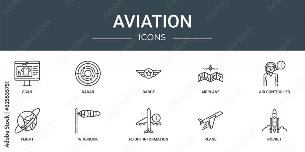 set of 10 outline web aviation icons such as scan, radar, badge ...