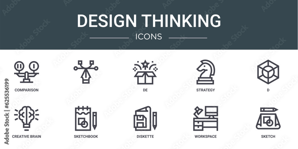 set of 10 outline web design thinking icons such as comparison, , de ...