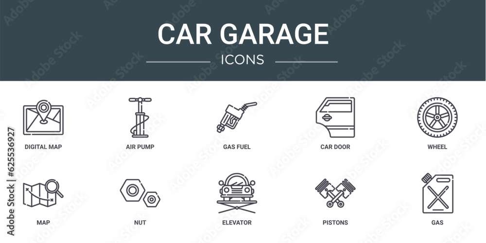 Vetor de set of 10 outline web car garage icons such as digital map ...