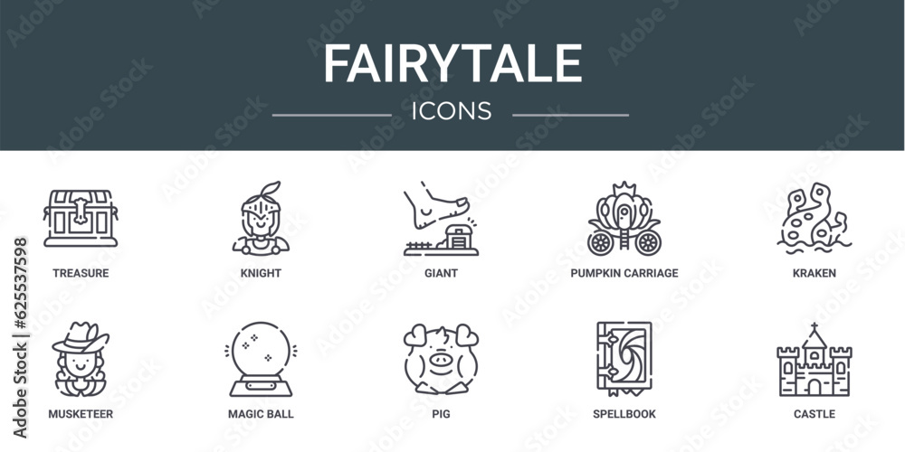 set of 10 outline web fairytale icons such as treasure, knight, giant ...
