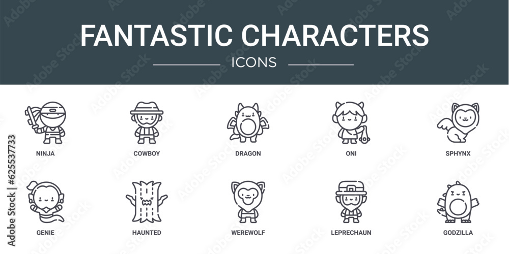 set of 10 outline web fantastic characters icons such as ninja, cowboy ...