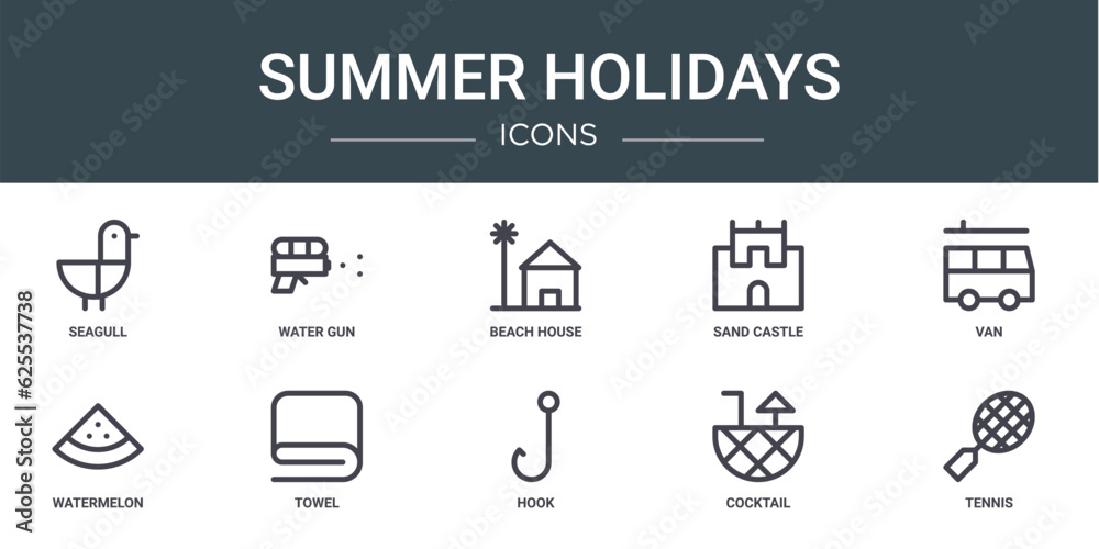 set of 10 outline web summer holidays icons such as seagull, water gun ...