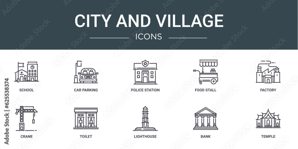 set of 10 outline web city and village icons such as school, car parking, police station, food ...