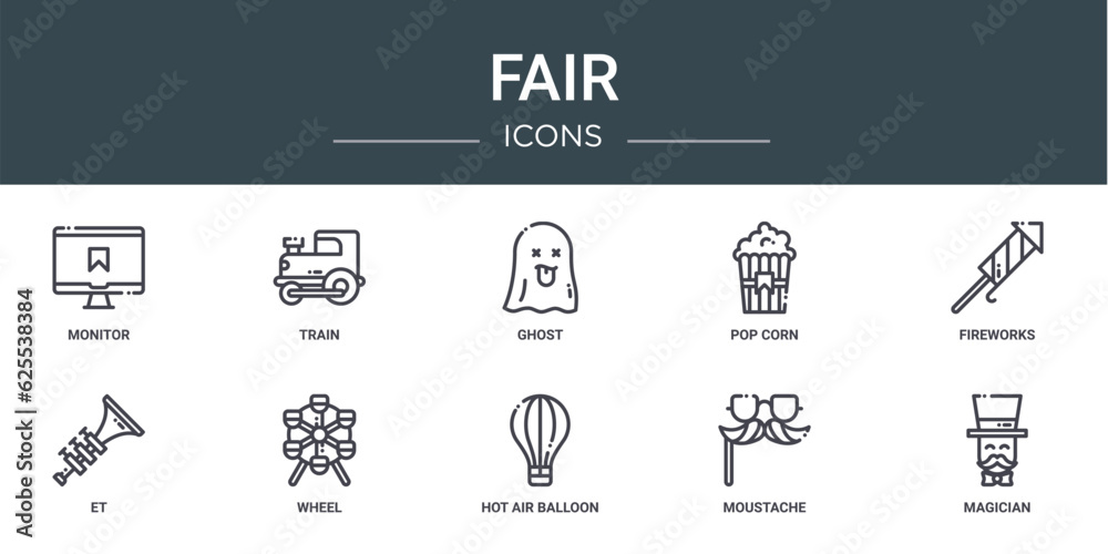 set of 10 outline web fair icons such as monitor, train, ghost, pop ...