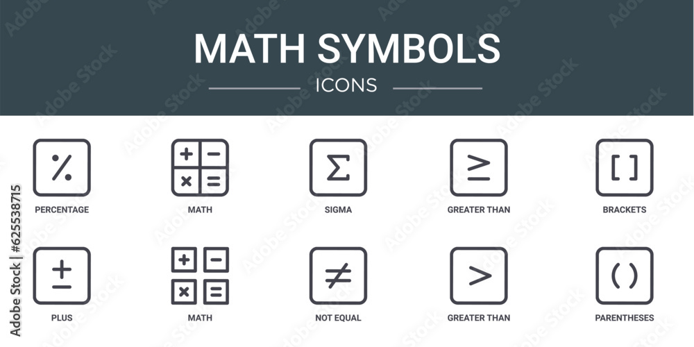 set of 10 outline web math symbols icons such as percentage, math ...