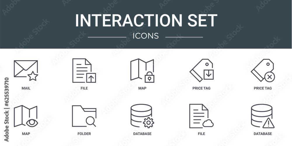 Vetor de set of 10 outline web interaction set icons such as mail, file ...