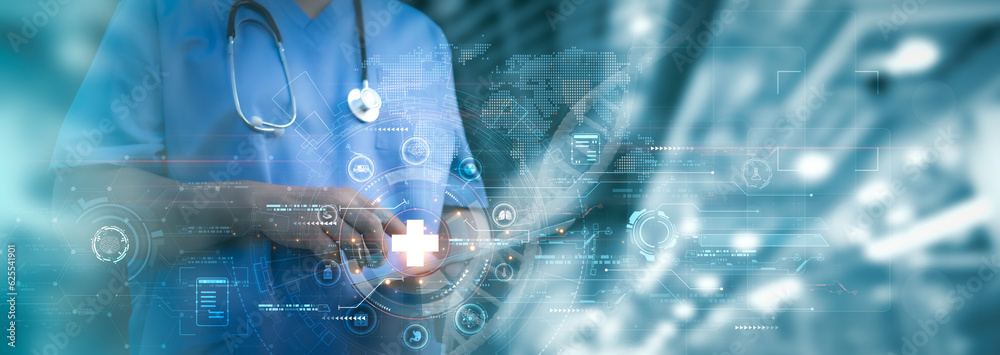 Medical Worker Touch Virtual Global Healthcare Network Connection Virus Pandemic Develop People