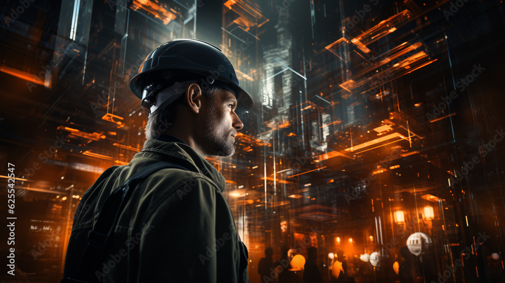 Construction worker wearing an orange hard hat. Development concept ...