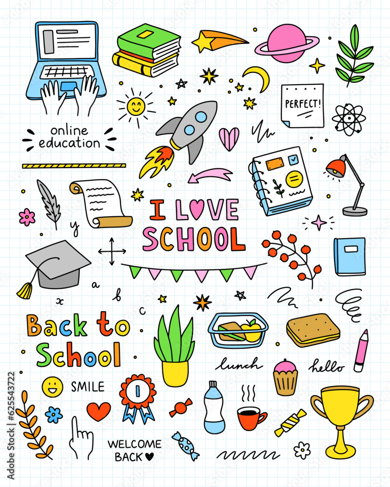 Cute school clipart. Back to school vector set. Hand drawn school icons ...