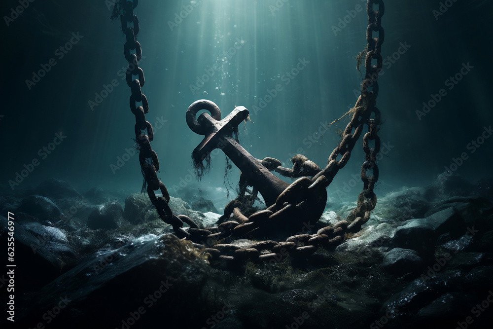 A moody and mysterious image of a pirate ship's anchor sinking into the ...